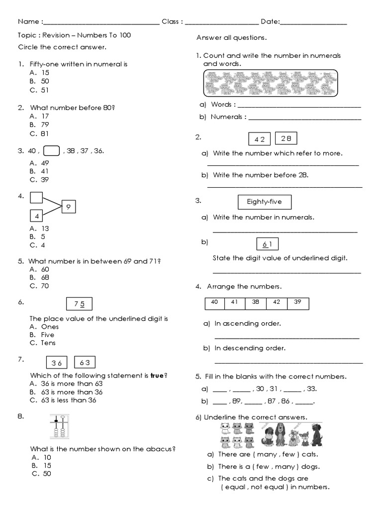 Revision 2 -Mathematics Year 1(Numbers Up To 100) | PDF | Mathematics ...