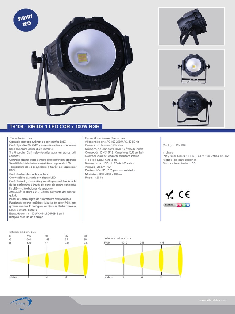 Ficha Tecnica TS109, SIRIUS 1 LED COBx 100W RGB Triton Blue 2 | PDF | Diodo emisor de luz ...