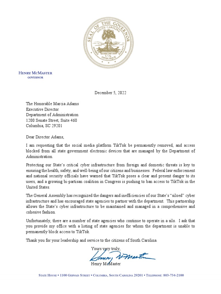 Gov McMaster Letter TikTok | PDF