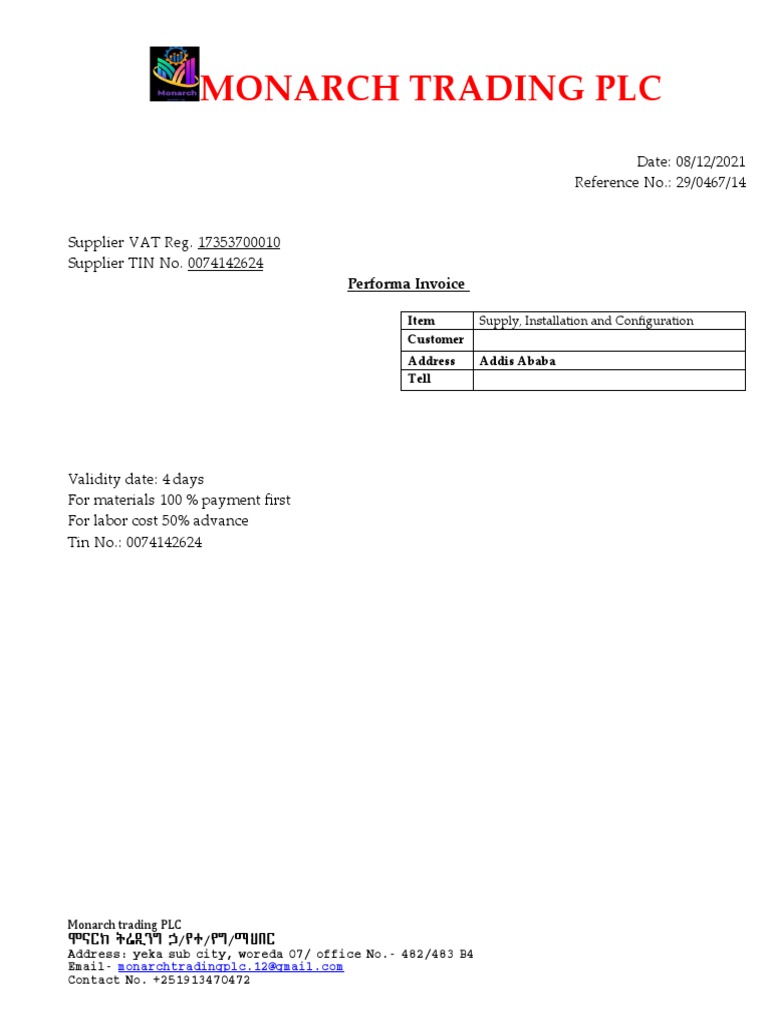 MONARCH TRADING PLC Supply and Installation | PDF | Electricity ...