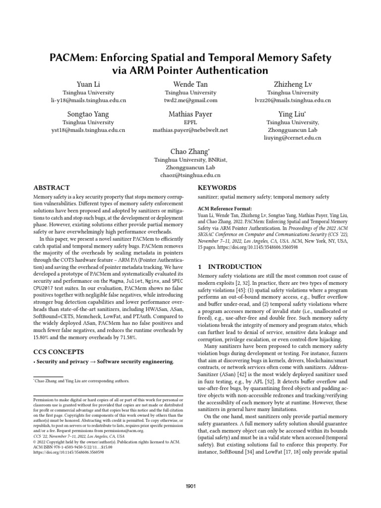 Pacmem: Enforcing Spatial and Temporal Memory Safety Via Arm Pointer Authentication | PDF ...