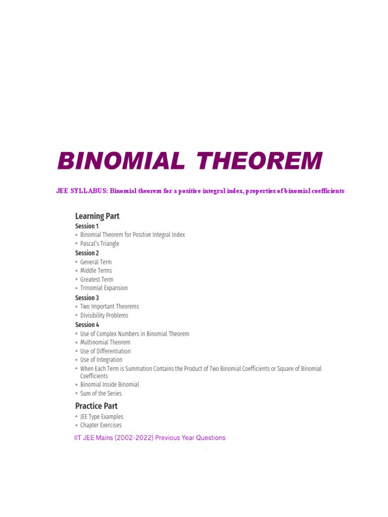Binomial Theorem Material It Jee | PDF | Summation | Number Theory