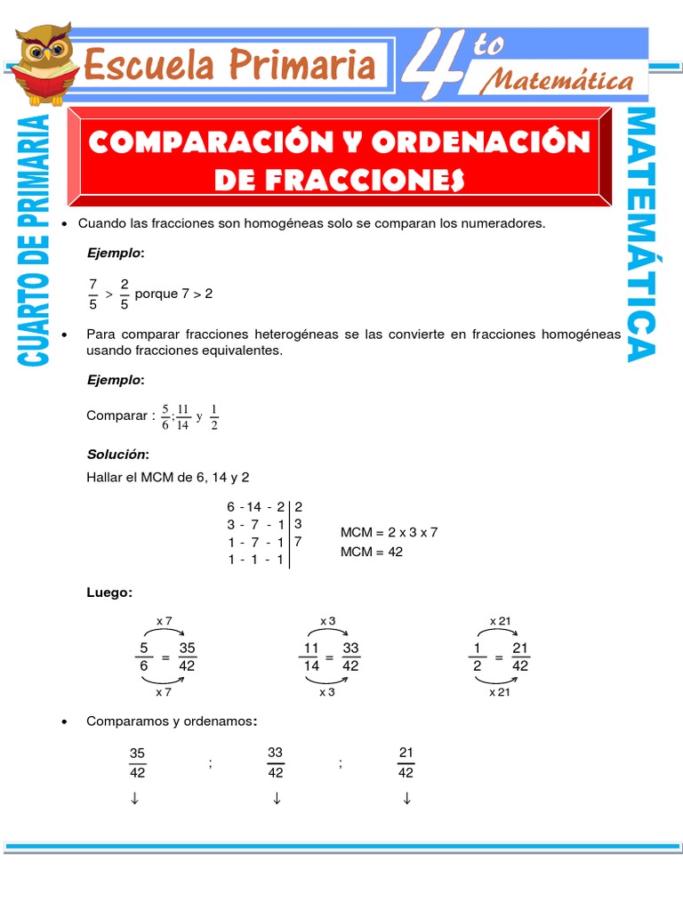 Comparacion y Ordenacion de Fracciones para Cuarto de Primaria | PDF ...