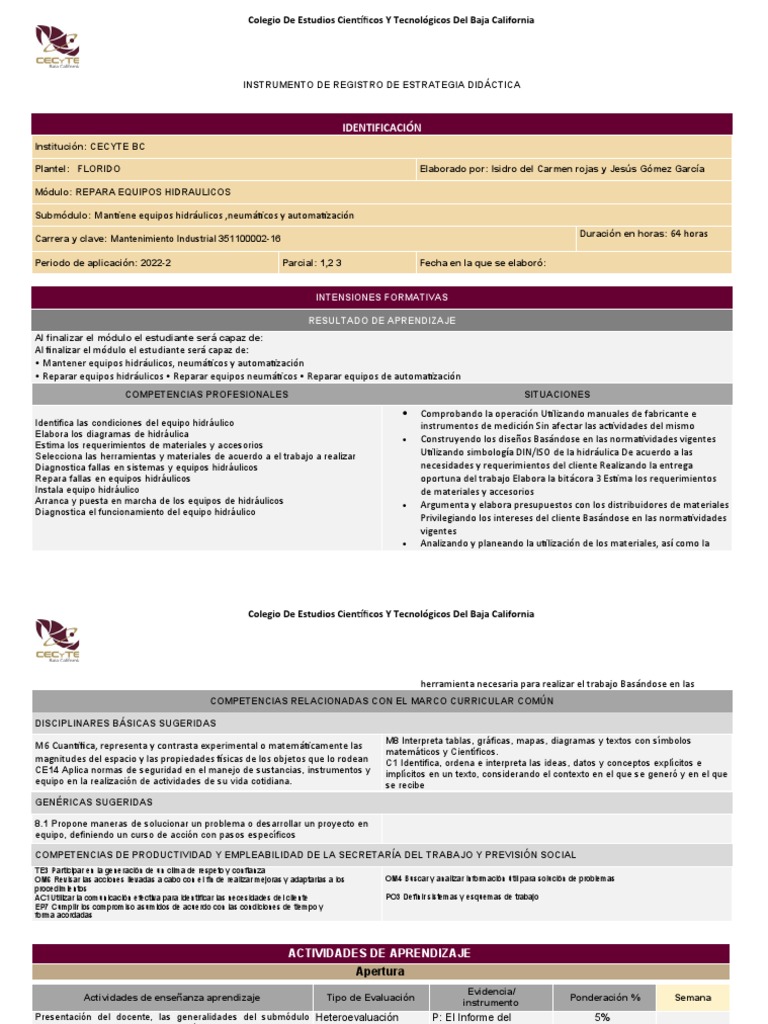Formato de Estrategia Didáctica Hidraulica GENERAL Isidro Del Carmen ...