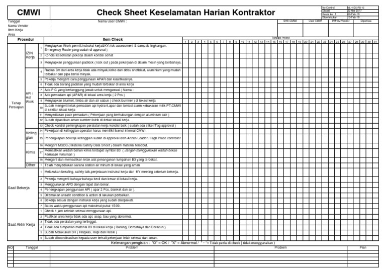 5-Check Sheet Keselamatan Harian Kontraktor) | PDF
