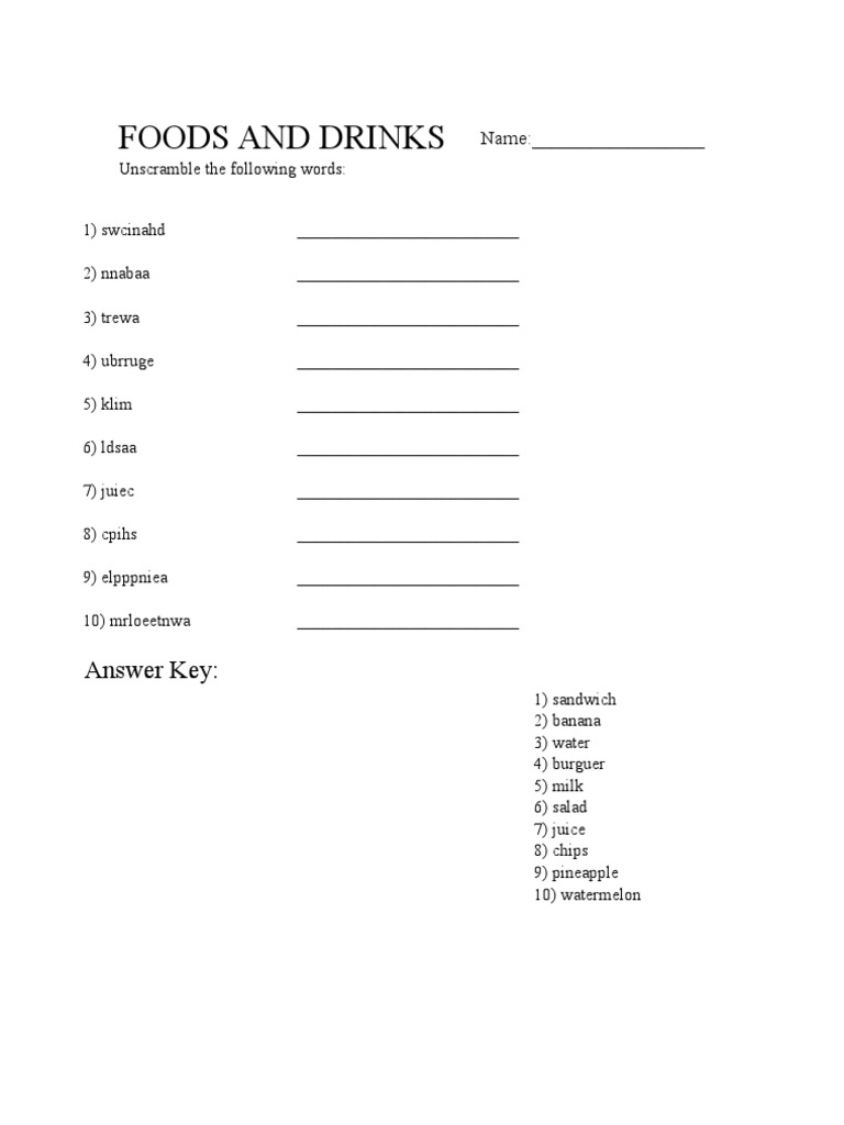 Foods and Drinks: Answer Key | PDF