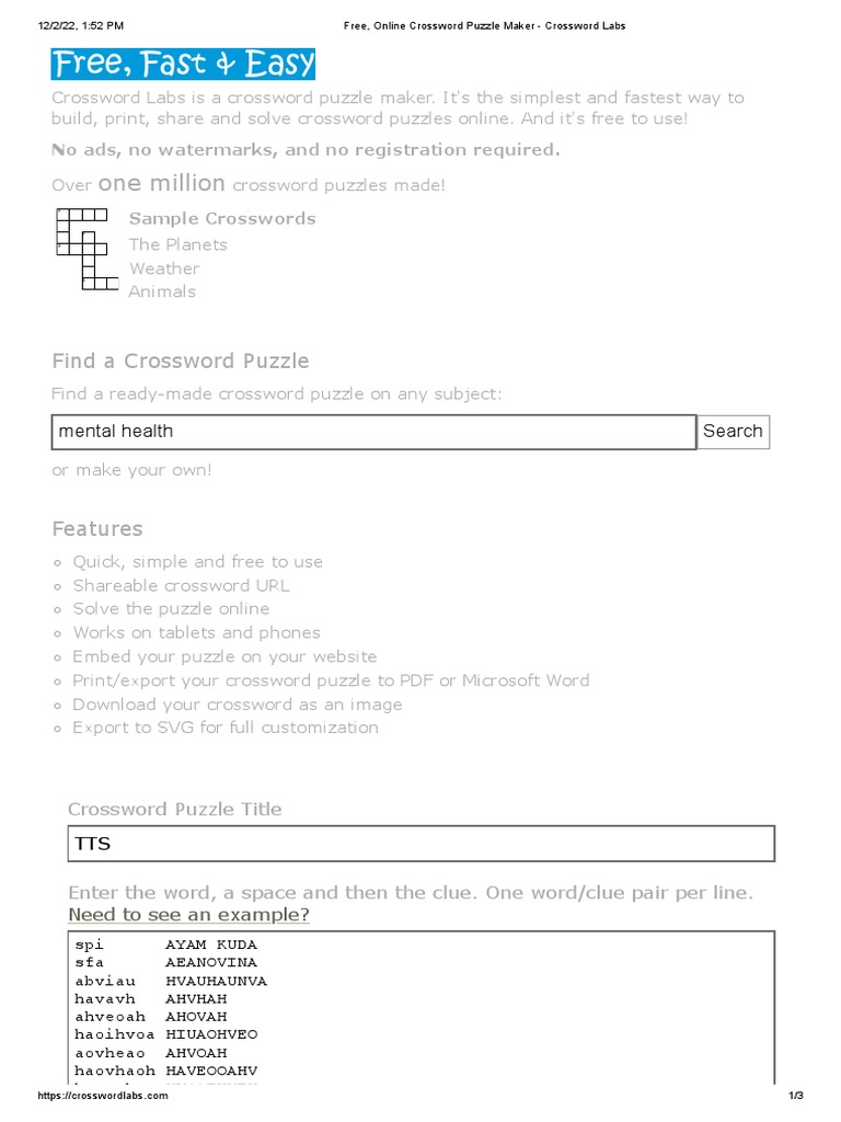Free, Online Crossword Puzzle Maker - Crossword Labs | PDF | Crossword ...