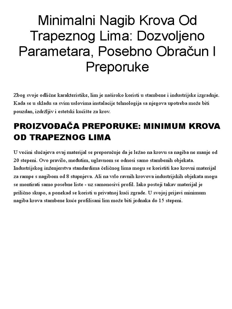 Minimalni Nagib Krova Od Trapeznog Lima - Dozvoljeno Parametara, Posebno Obračun I Preporuke | PDF