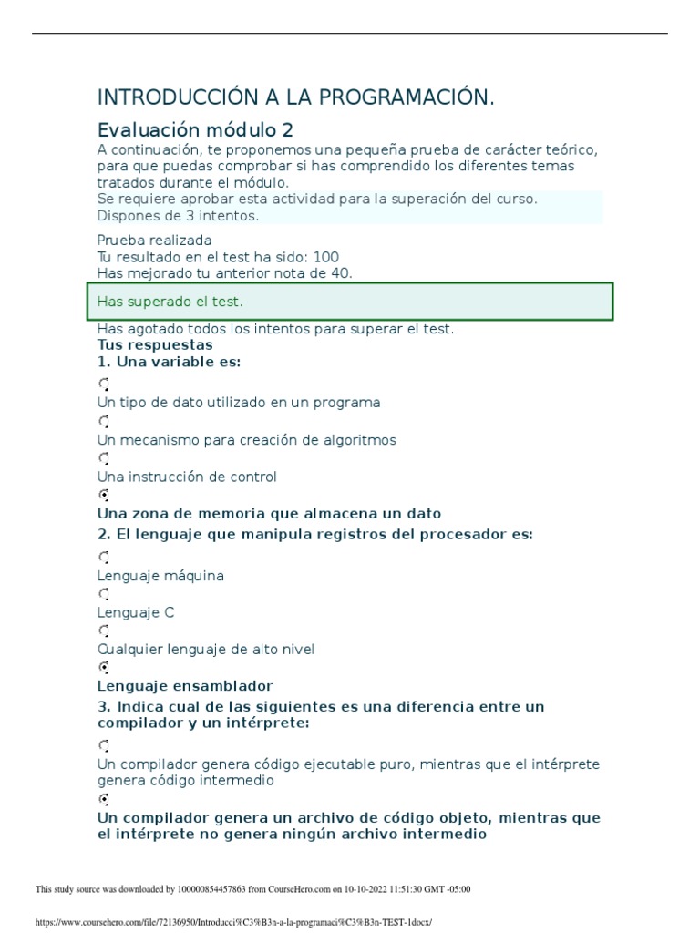 Introducci N A La Programaci N TEST 1 | Descargar gratis PDF ...