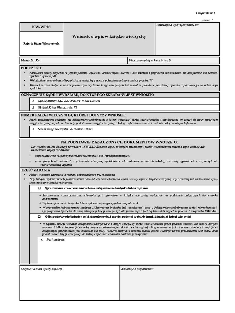 Zalacznik - Wniosek o Wpis W Ksiedze Wieczystej KW Wpis | PDF