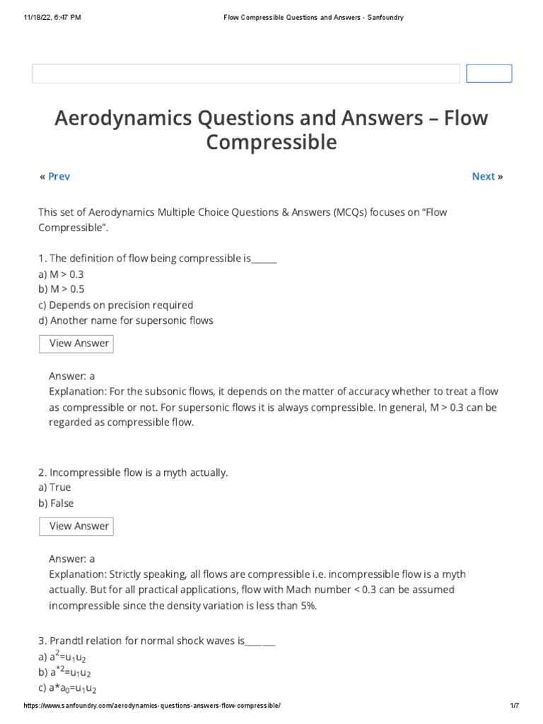 Aerodynamics Questions and Answers - Flow Compressible: Prev Next | PDF | Compressible Flow ...