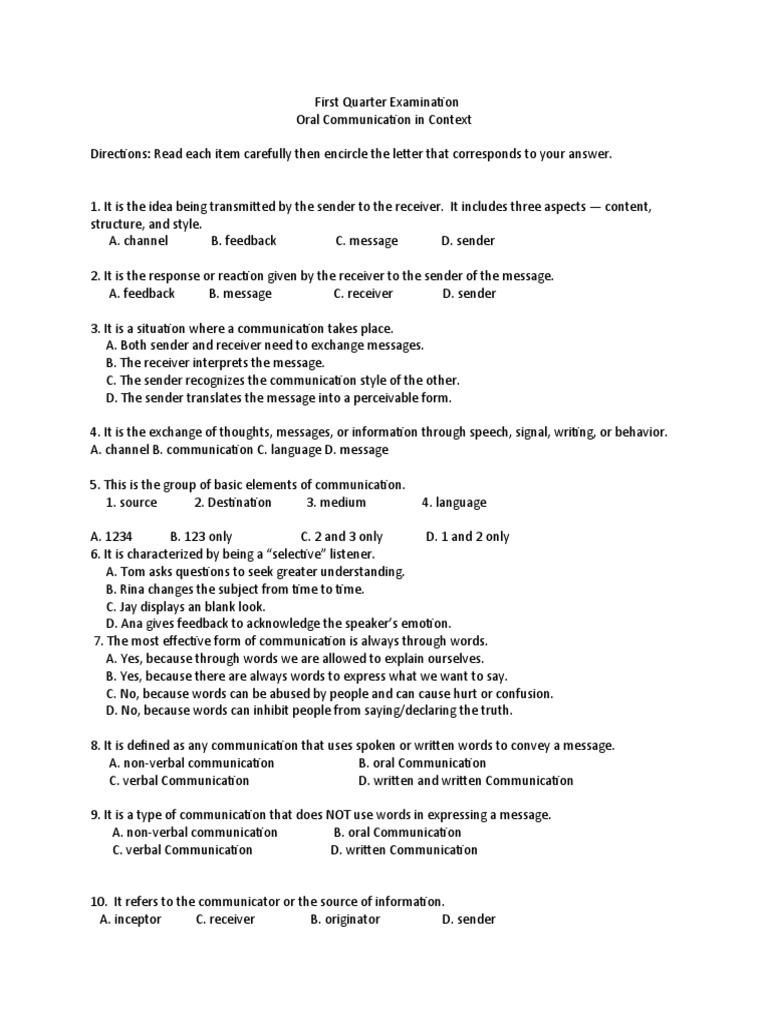 Grade 11 Oral Communication Exam | PDF | Communication | Interpersonal ...
