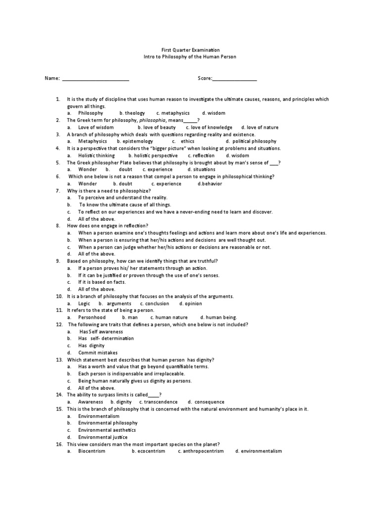 First Quarter Examination-Philo | PDF | Reason | Experience