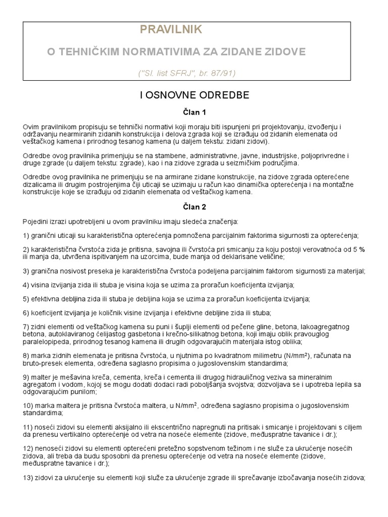 Pravilnik o Tehničkim Normativima Za Zidane Zidove | PDF