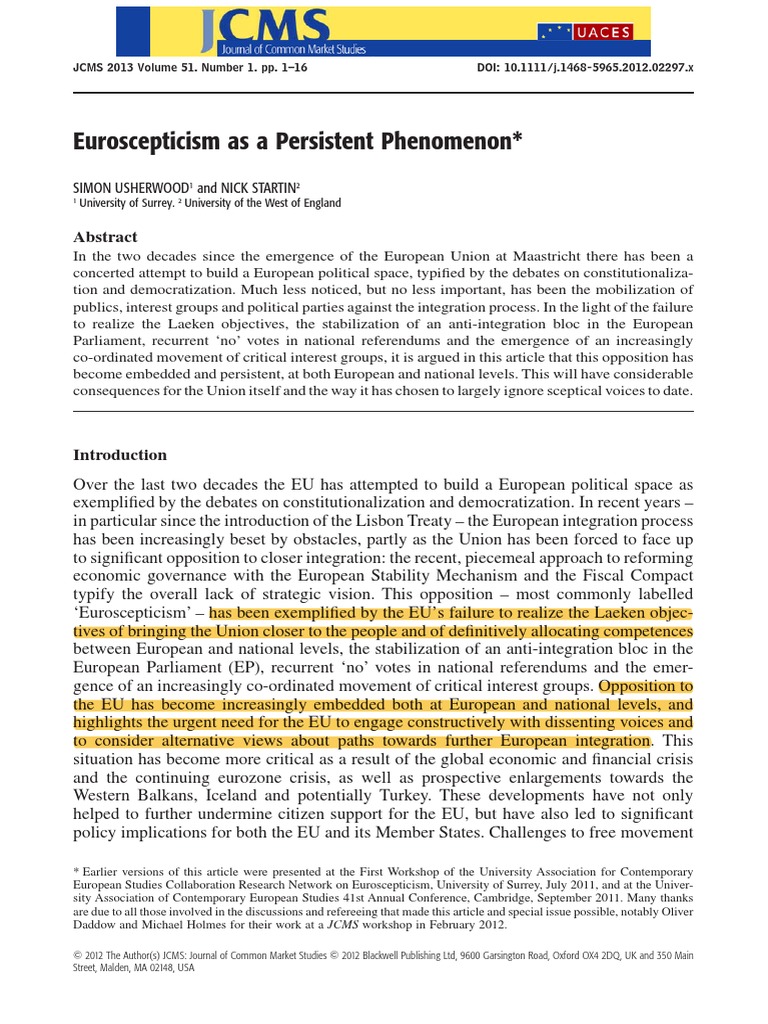 Usherwood and Startin (2013) ''Euroscepticism As A Persistent ...