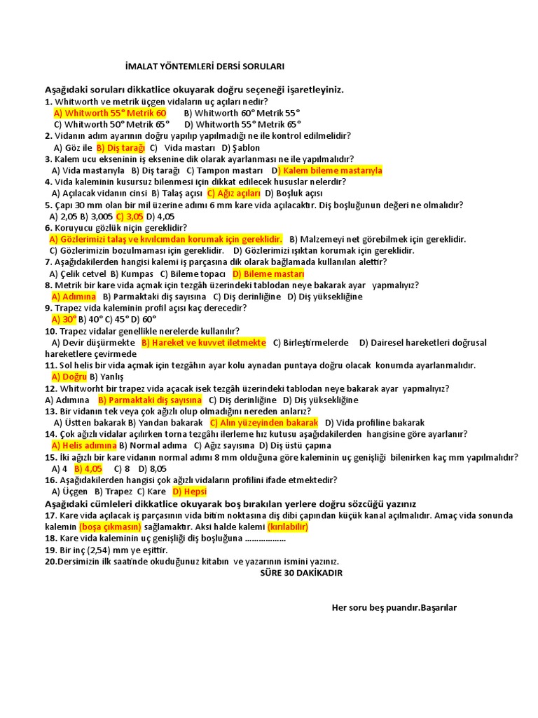 İmalat Yontemleri̇ Sinav 2 | PDF