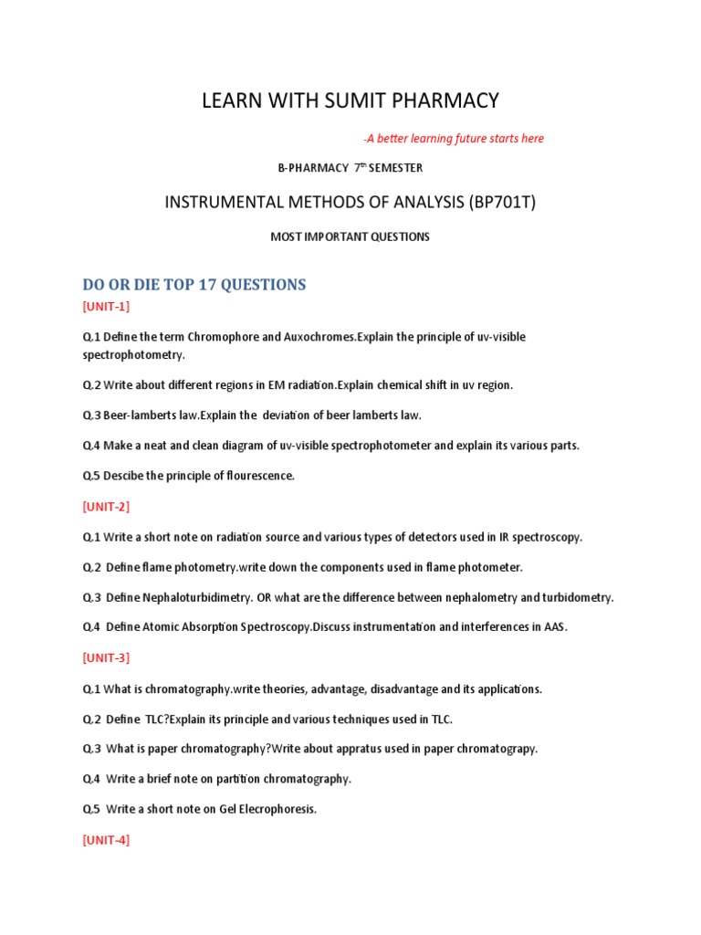 Most Imp - Questions Instrumental Methods of Analysis | PDF