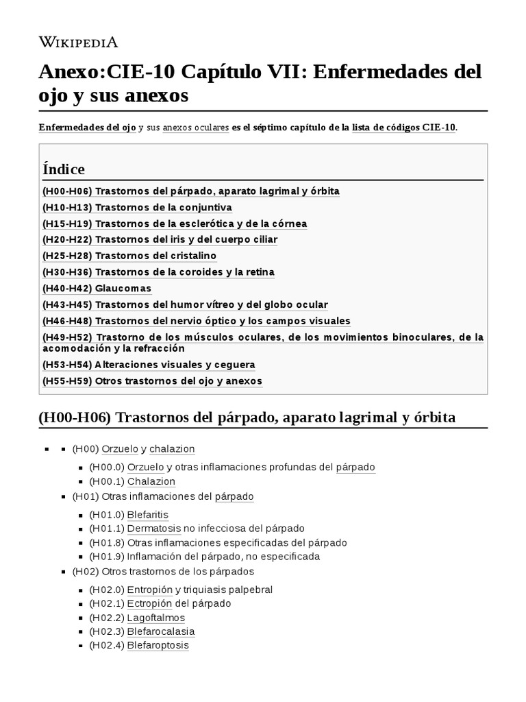 Anexo Cie 10 Capítulo Vii Enfermedades Del Ojo Y Sus Anexos Pdf Ojo