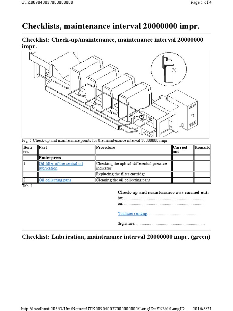 Heidelberg SM102 Checklists, Maintenance Interval 35000000 Impr. (90-00 ...