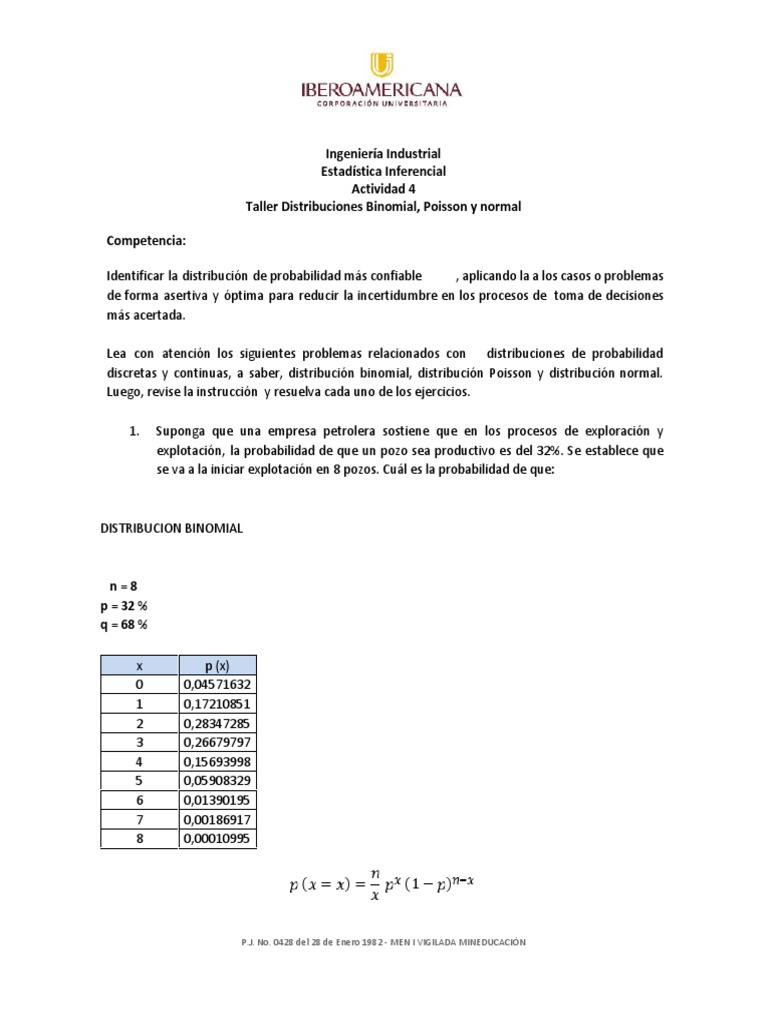 Actividad 4. Distribuciones Binomial J Poisson y Normal | PDF | Probabilidades y estadísticas ...