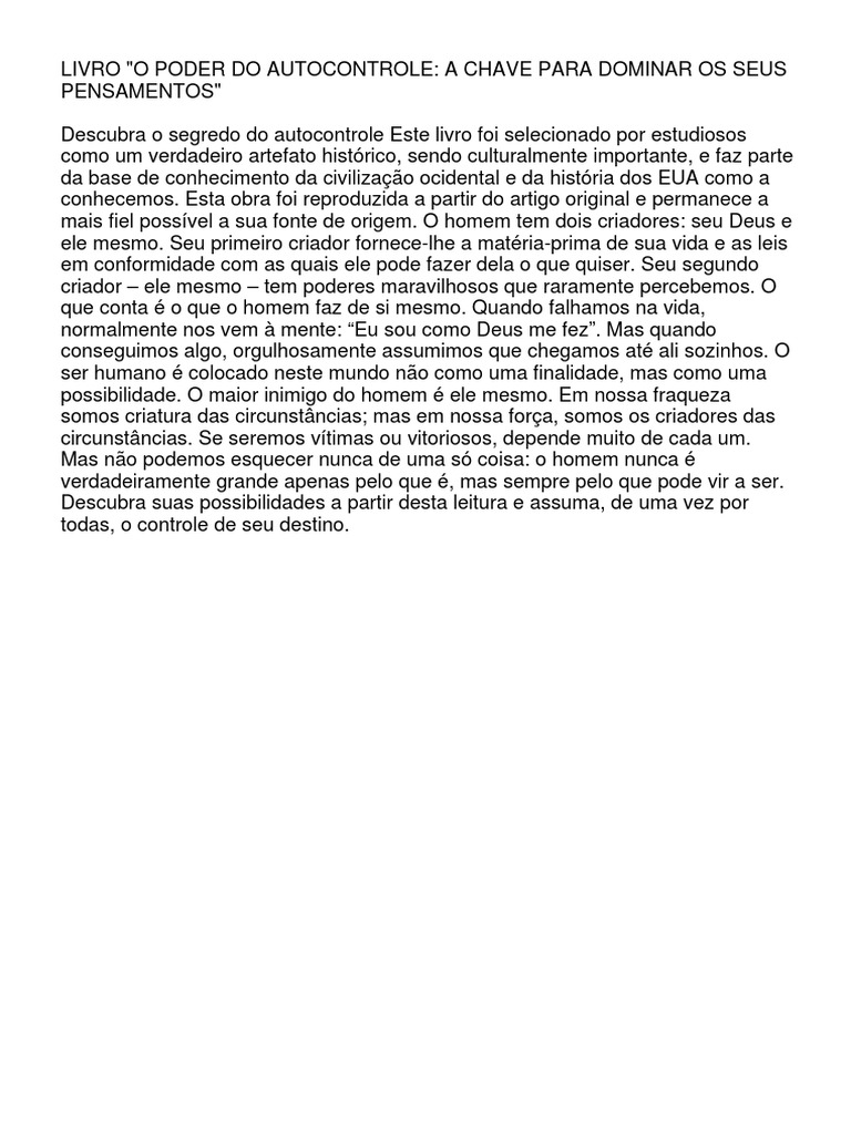 Livro - O Poder Do Autocontrole - A Chave para Dominar Os Seus Pensamentos | PDF