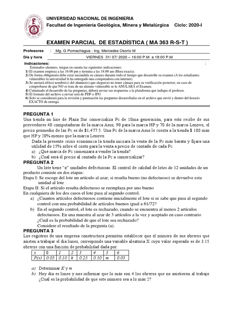 Parcial 2020 1 | PDF | Probabilidad | Variable aleatoria