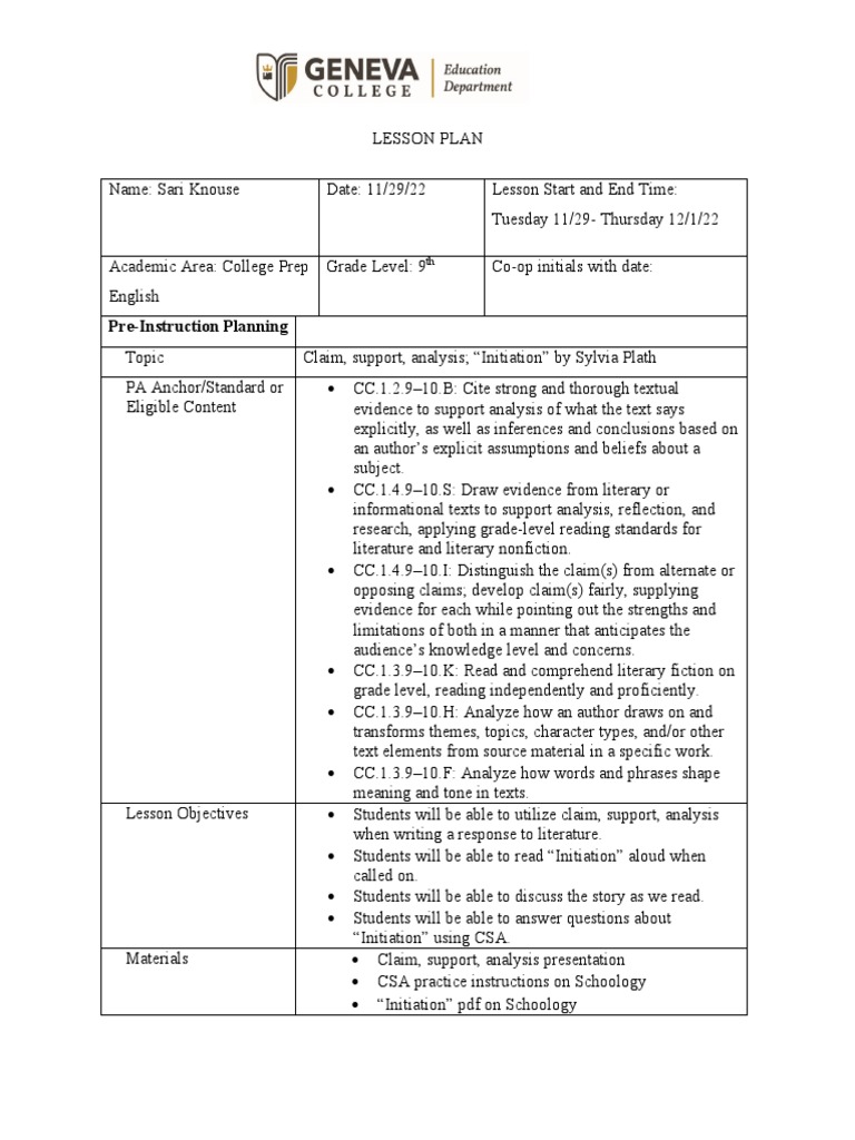 Csa Initiation Full Lesson Plan | PDF | Lesson Plan | Cognition