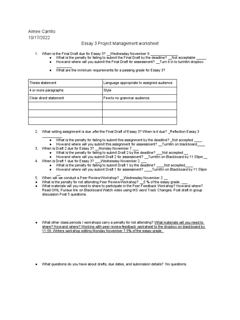 Essay 3 Project Management Worksheet | PDF | Essays | Thesis