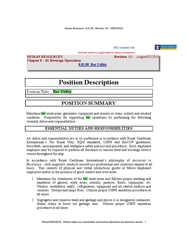 Job Description - Bar Utility 02 | PDF | Visual Perception | Human ...