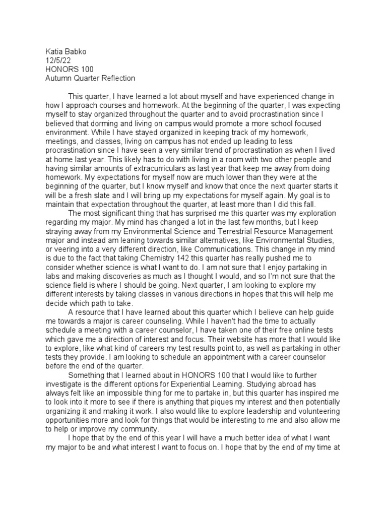 Honors Autumn Quarter Reflection 2 | PDF | Procrastination ...
