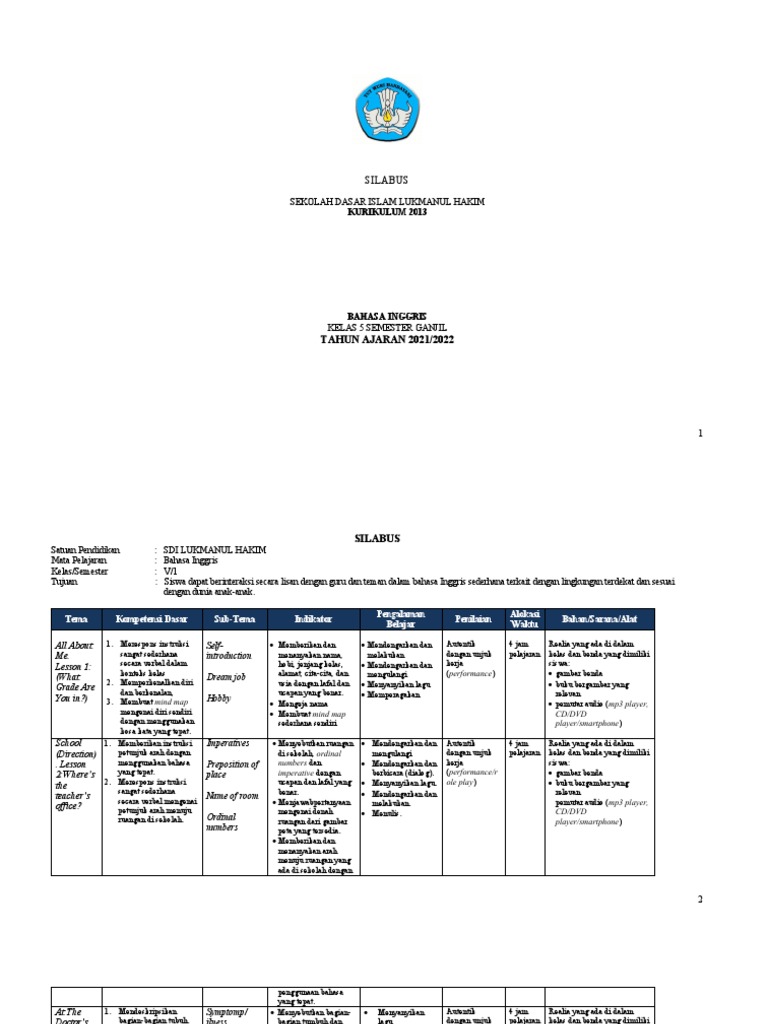 Silabus Bahasa Inggris K13 Kelas 5 | PDF