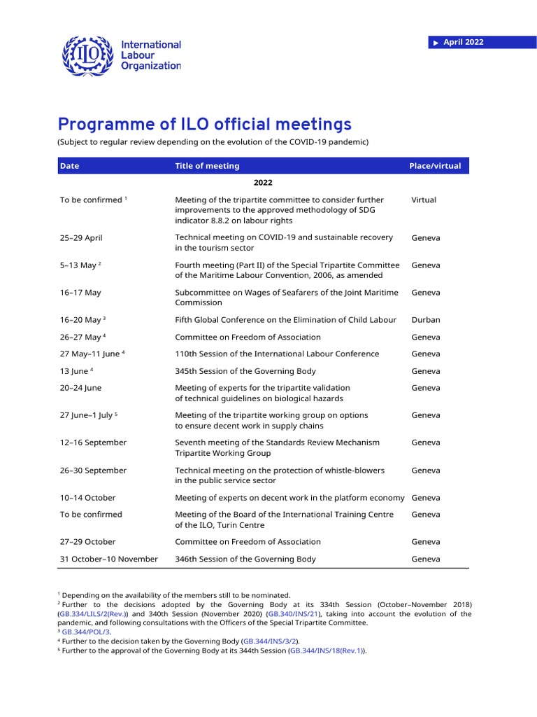 ILO Programme of Official Meetings: April 2022 - December 2023 | PDF | International Labour ...