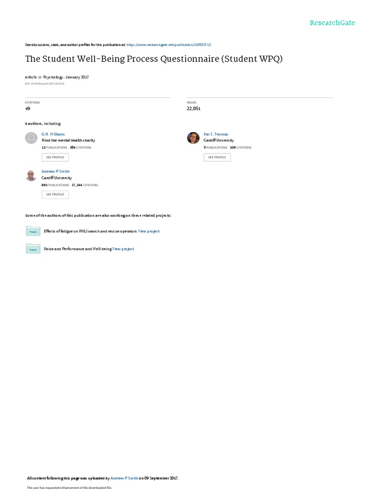 Student WPQ Questionnaire | PDF | Social Support | Dependent And ...