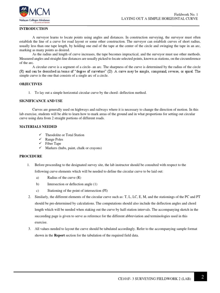 FW1 Simple Horizontal Curve | PDF | Surveying | Angle