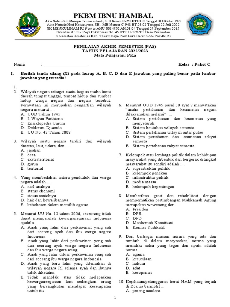 MASTER SOAL PAS MAPEL PKN PAKET C PKBM IBNU HAMBAL 2022 | PDF