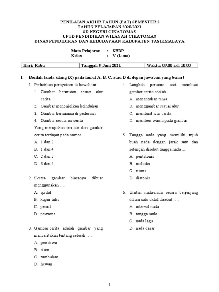 Soal Pat SBDP Kelas 5 Sem 2 TH 2020-2021 | PDF