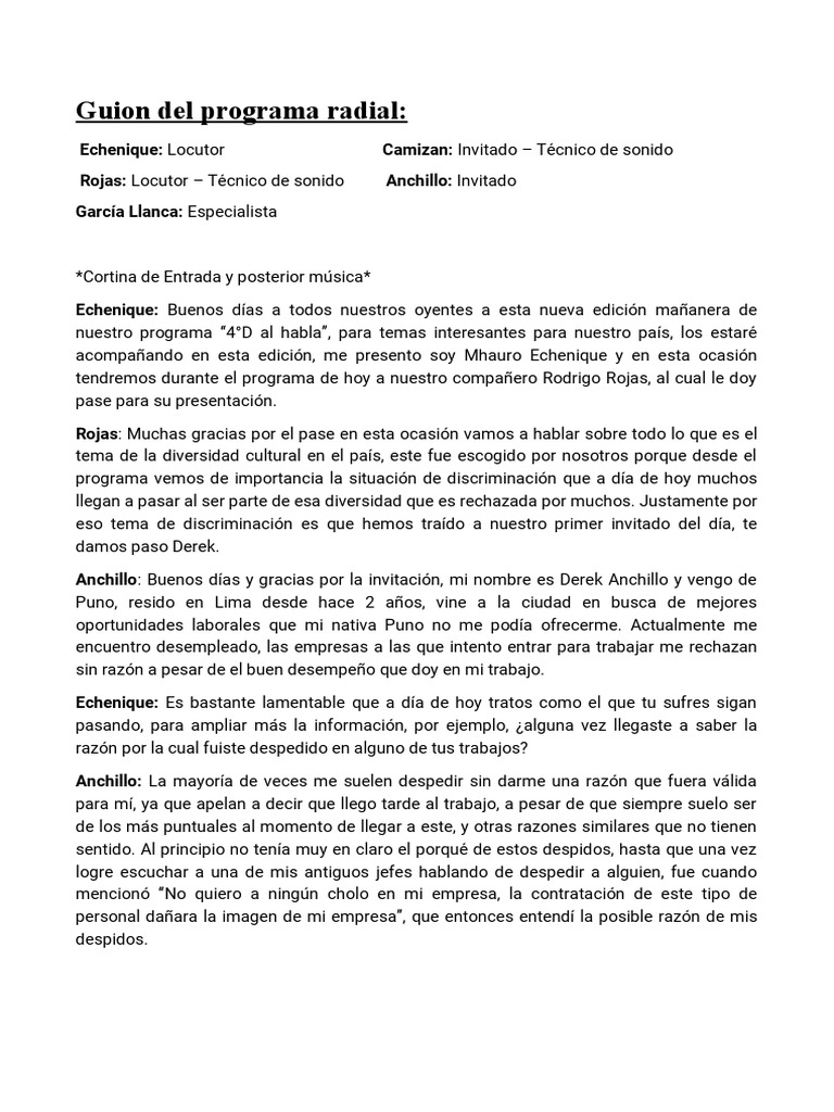 Guion Del Programa Radial | Descargar gratis PDF | Racismo | Discriminación y relaciones raciales