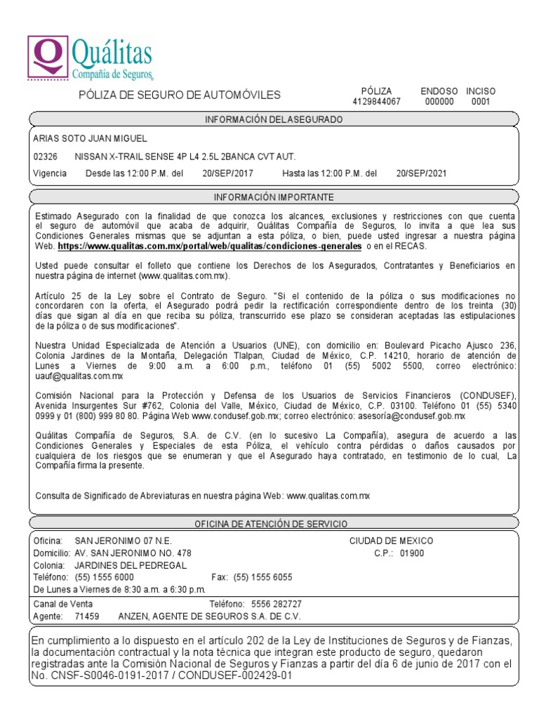 Seguro de automóvil Qualitas: detalles de cobertura y contacto | PDF | Póliza de seguros | Seguro