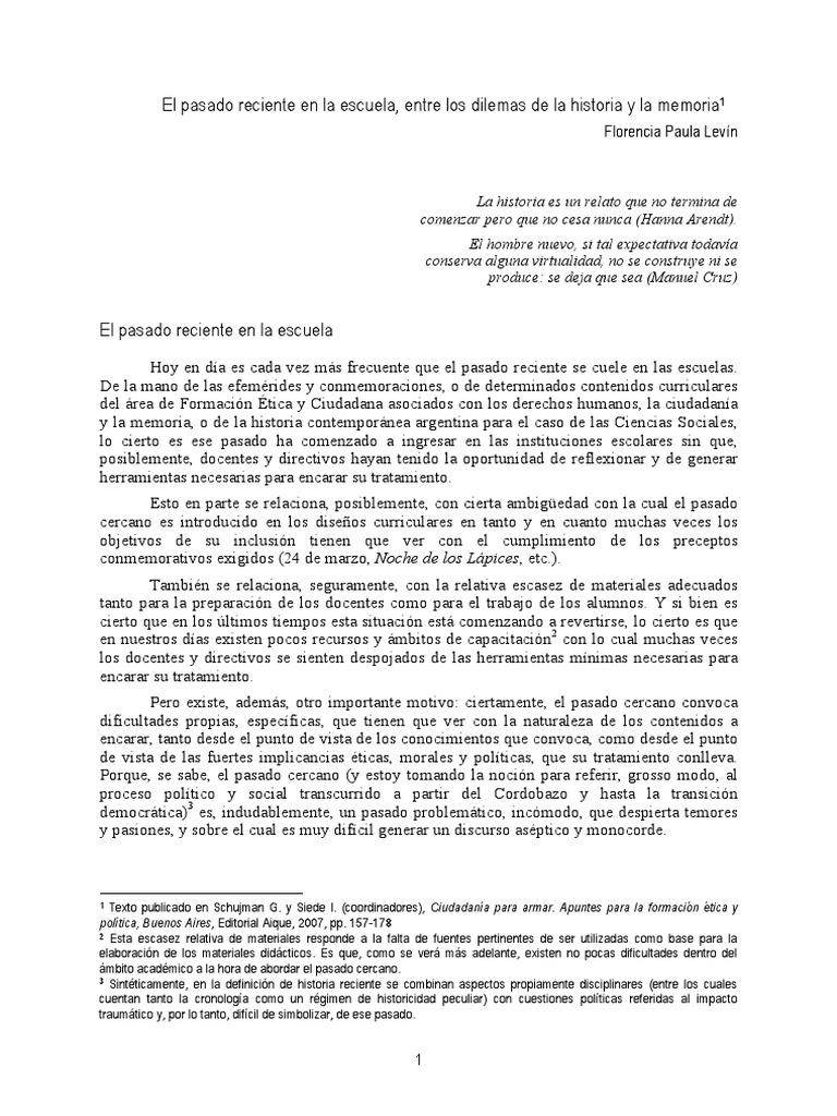 El pasado reciente en la educación | PDF | Memoria | Democracia
