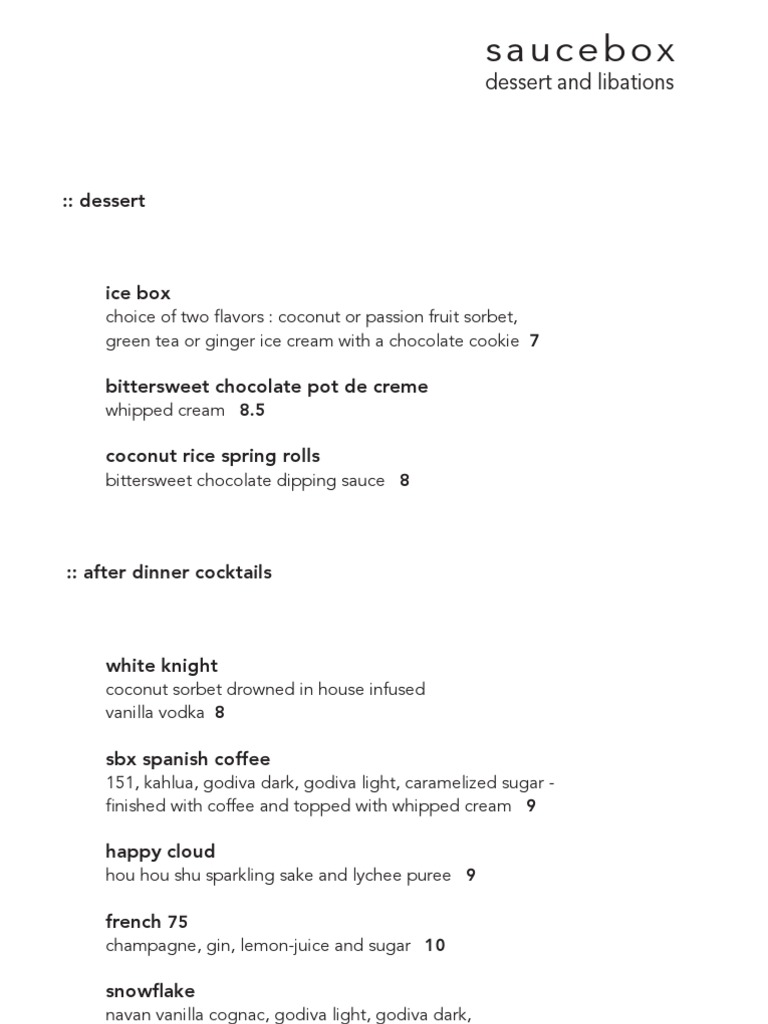 Dessert and Cocktail Menu at Saucebox | PDF