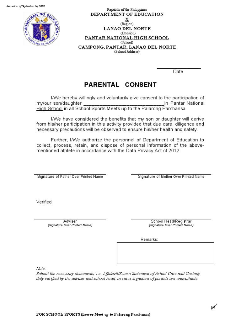 Parental Consent Form for Student Participation in Interscholastic ...