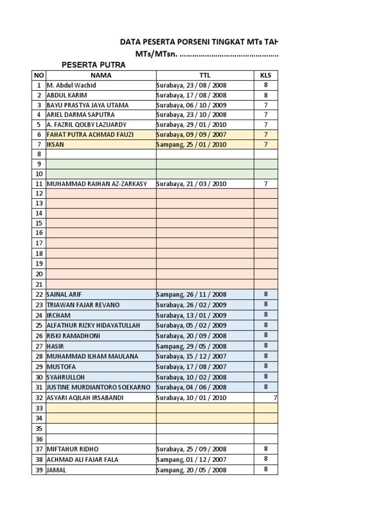 Template Data Peserta Porseni | PDF