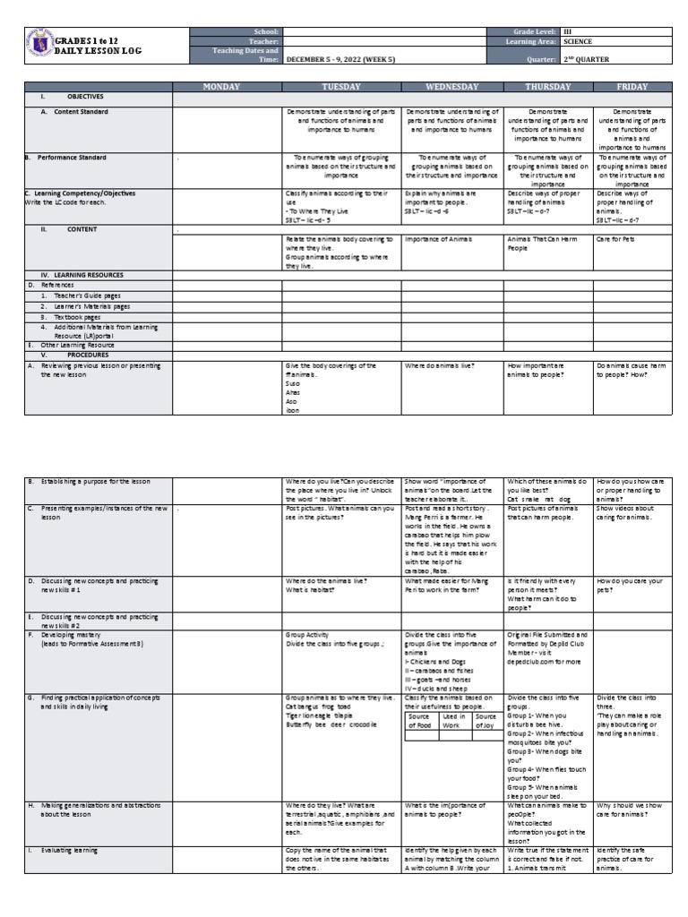 DLL - Science 3 - Q2 - W5 | PDF | Learning | Organisms