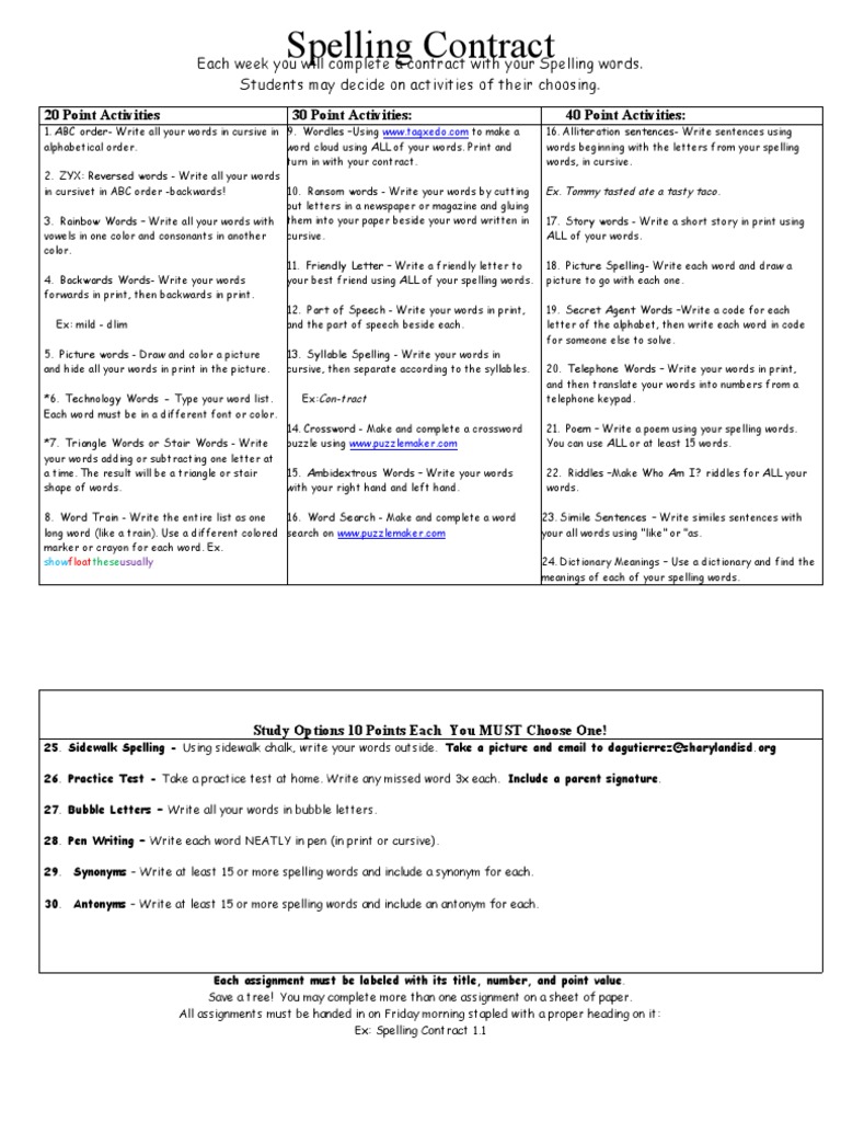 Weekly Spelling Contract (DG-6) | PDF | Linguistics | Human Communication