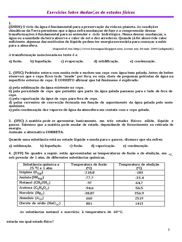 Mudanças de estados físicos da matéria: exercícios sobre evaporação ...