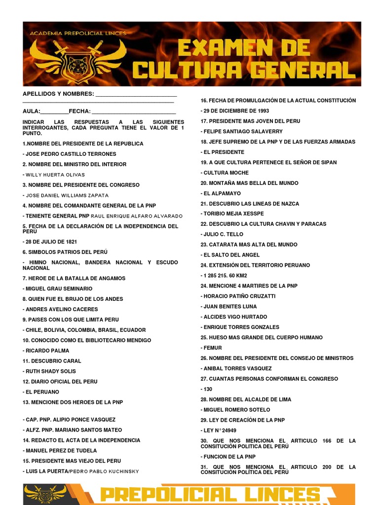 Examen de Cultura General I 100 Preguntas Mix Claves | PDF | Perú | América del Sur