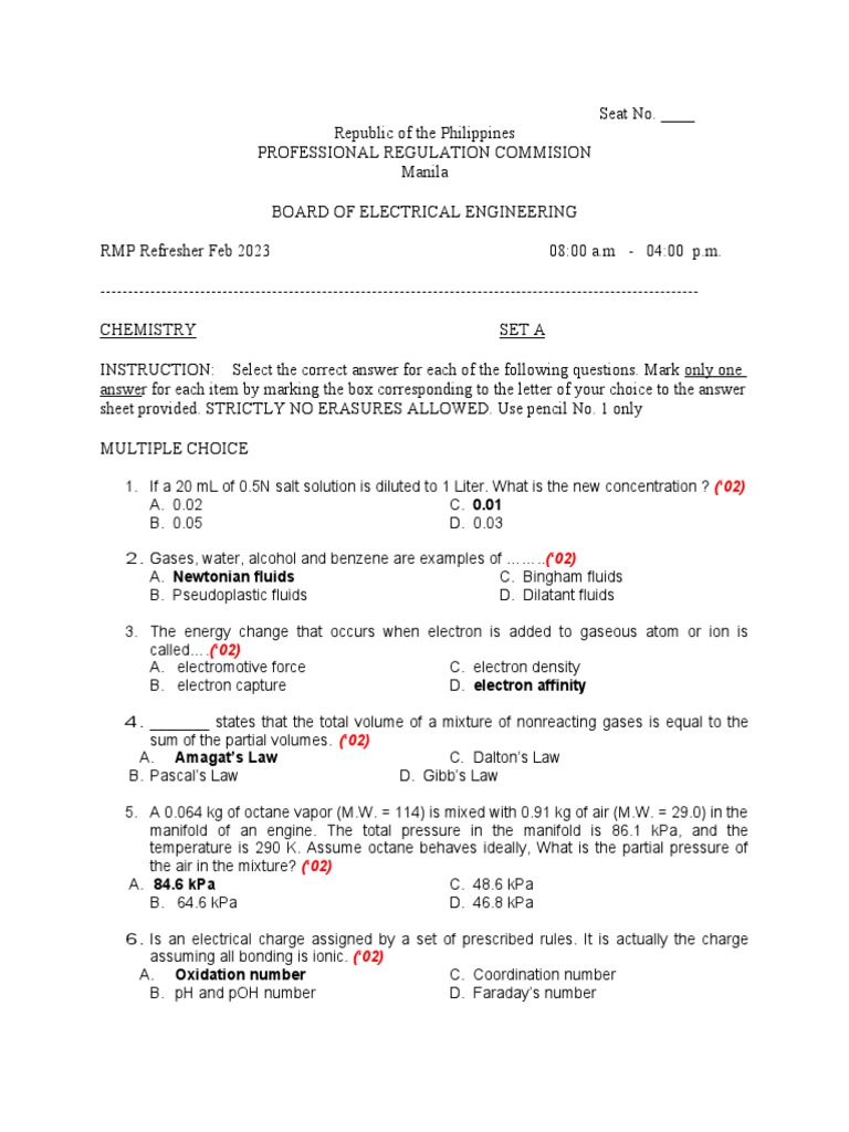 Chemistry RMP Refresher Exam 2023 | PDF | Ph | Gases