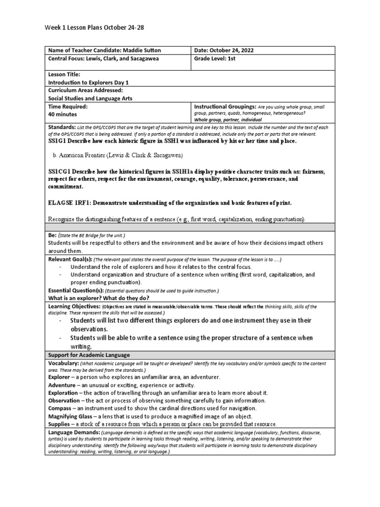 Week 1 Lewis and Clark Lessons | PDF | Educational Assessment | Learning