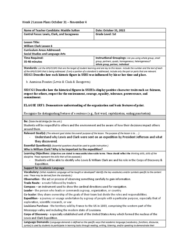 Week 2 Lewis and Clark Lesson Plans | PDF | Educational Assessment | Lesson Plan