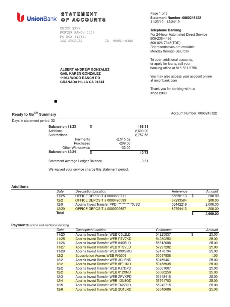 December Statement | PDF | Overdraft | Fee